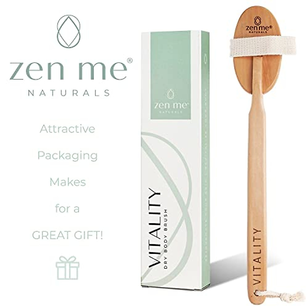 Zen Me Premium Boar Bristle Brush, Exfoliating Brush with Medium Firm Natural Bristles for Cellulite and Lymphatic, Body Scrub Brush with Detox eBook Gift