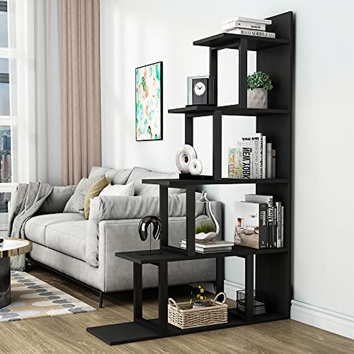 YITAHOME 5-Shelf Bookshelf, L-Shape Freestanding Ladder Corner Bookcase, Modern Minimalist Style Multipurpose Storage Display Rack for Living Room Bedroom Hallway Office, Black