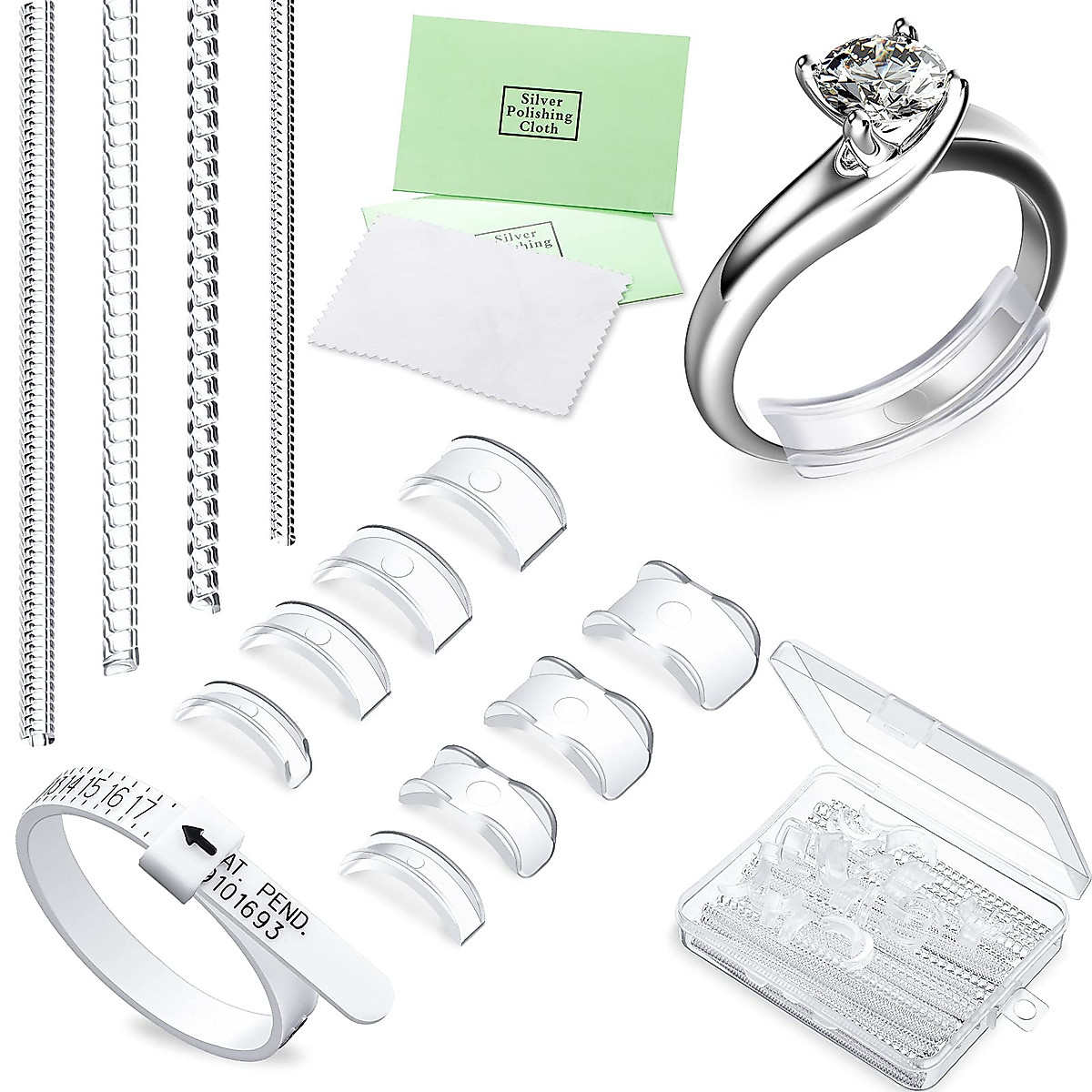 Ring Size Adjusters Set for Loosing Rings in 2 Styles, 12 Sizes, Ring Size Reducer Spacer Ring Guard Ring Resizer Tightener with Ring Sizer Measuring Belt, Jewelry Cloth and Organizer (16 Pieces)