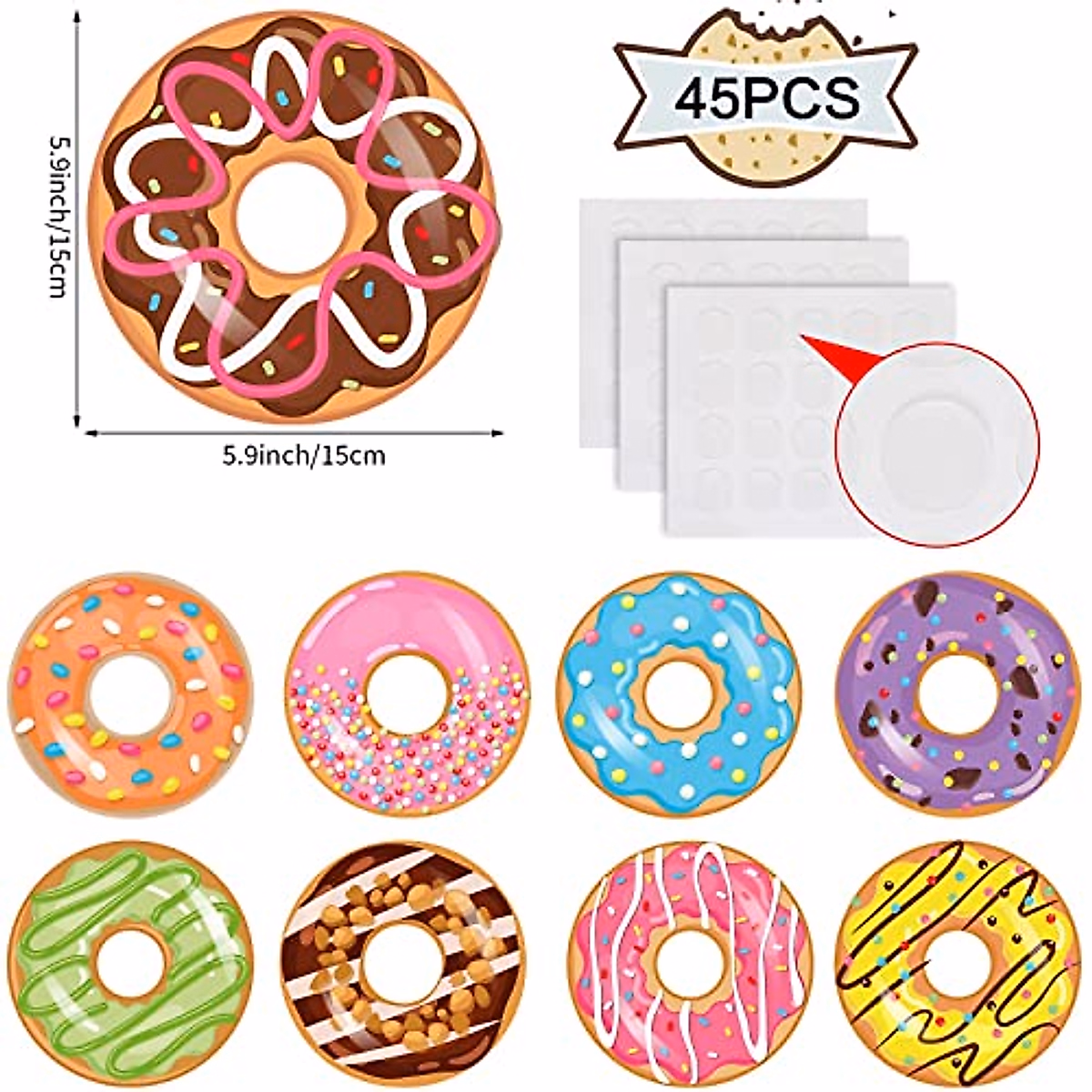 45 Pcs Donuts Cutouts Bulletin Board Donut Cutouts Donut Theme Party Decorations Confetti Donuts Cutouts with Glue Point Dots for Classroom Baby Shower Girls Doughnut Birthday Party, 5.9 x 5.9 Inch