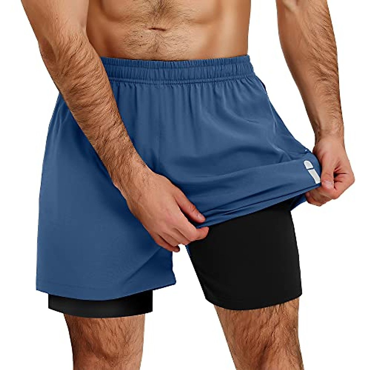 FIONECA 2 in 1 Running 5 Inch Inseam Shorts Men Breathable Mesh, Quick Dry Mens Athletic Shorts for Men Gym Sports Training(Navy Blue,S)