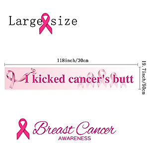 GENERC Large I Kicked Cancer's Butt Banner, Pink Ribbon Party Sign Decoration Hope Strength Courage Faith Backdrop for Breast Cancer Awareness Party Decoration Supplies - 118'' x 19.7''