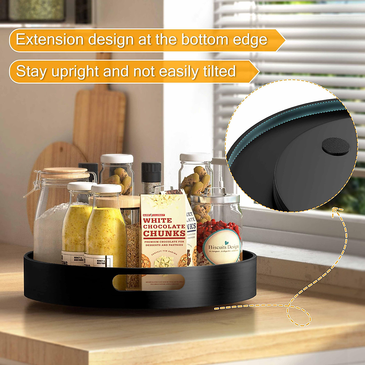 Homerays 12 Inch Lazy Susan Organizer, Kitchen Rotating Spice Rack, Bamboo Lazy Susan with Double Handles for Kitchen Cabinet (Black, Medium)