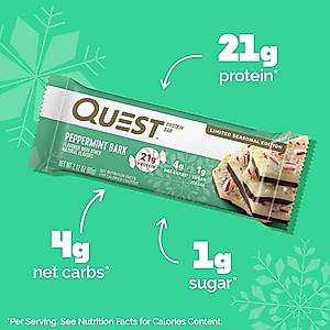 Quest Nutrition Peppermint Bark Protein Bar, 21g Protein, 4g Net Carb, 1g Sugar, Gluten Free, 12 Count