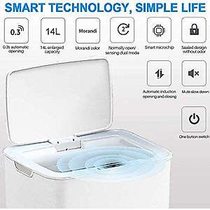 Inductive Trash Can, Non-Touch Sensor Trash Bin 14 Liter/3.7 Gallon Large Capacity Contactless Garbage Can with Lid, Automatic Sensor Waste Basket for Kitchen Home Office Bedroom (White)