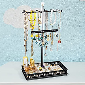 Meangood Jewelry Tree Stand Organizer 3in1 Necklace Organizer Display Bracelet Earrings and Ring Tray Jewelry Holder Hanger Metal（Black）