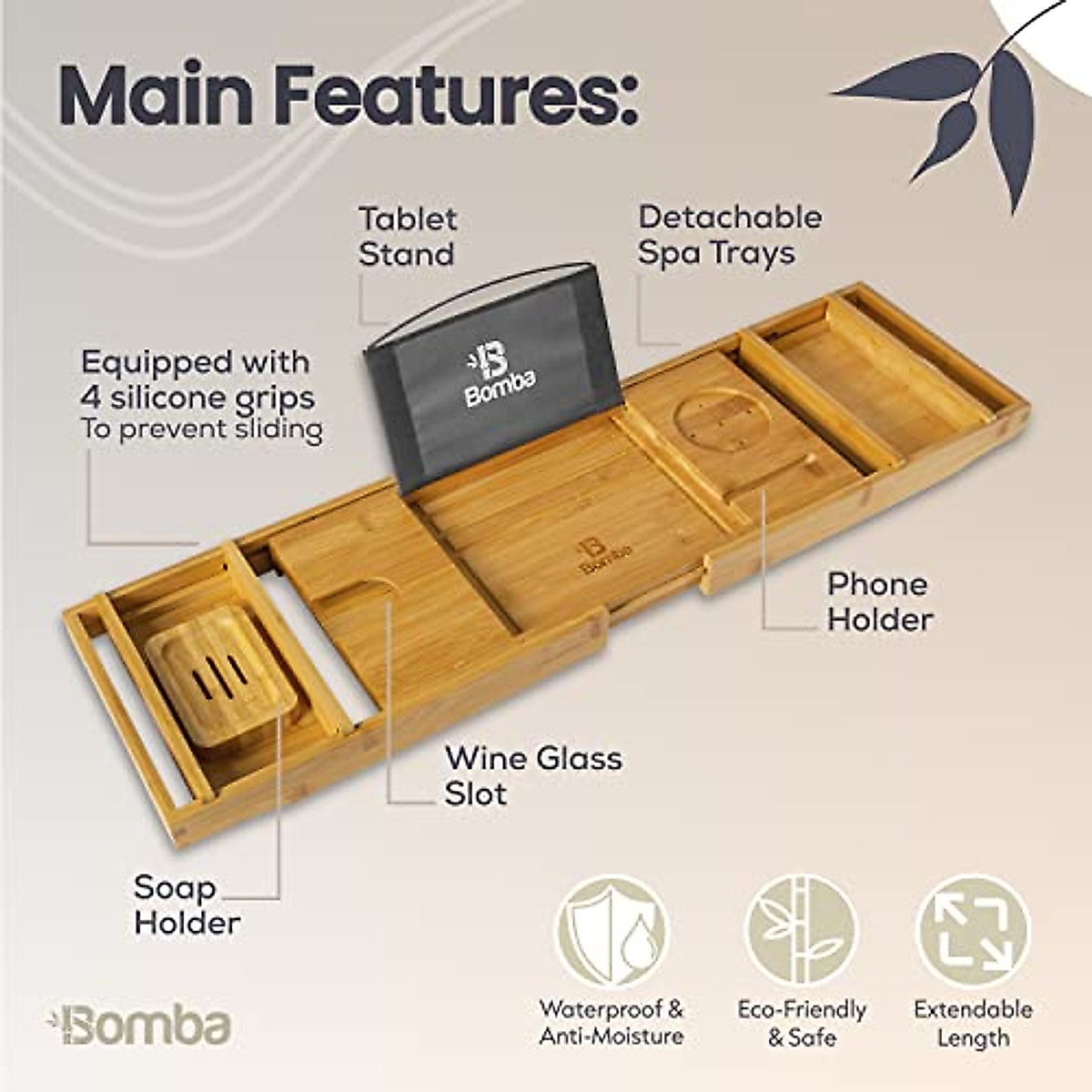 Bomba Bathtub Caddy – Natural Bamboo Bathtub Tray with Soap Holder – Durable Anti-Slip Bathtub Caddy Organizer – Extendable Bathroom Tray – Eco-Friendly and Safe Bamboo Organizer Tray