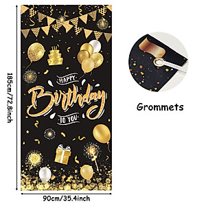 Black Gold Happy Birthday Door Banner,Birthday Door Cover Decoration Supplies Happy Birthday Backdrop Photography Background Sign for Women and Girls Birthday Party Home Outdoor Decor