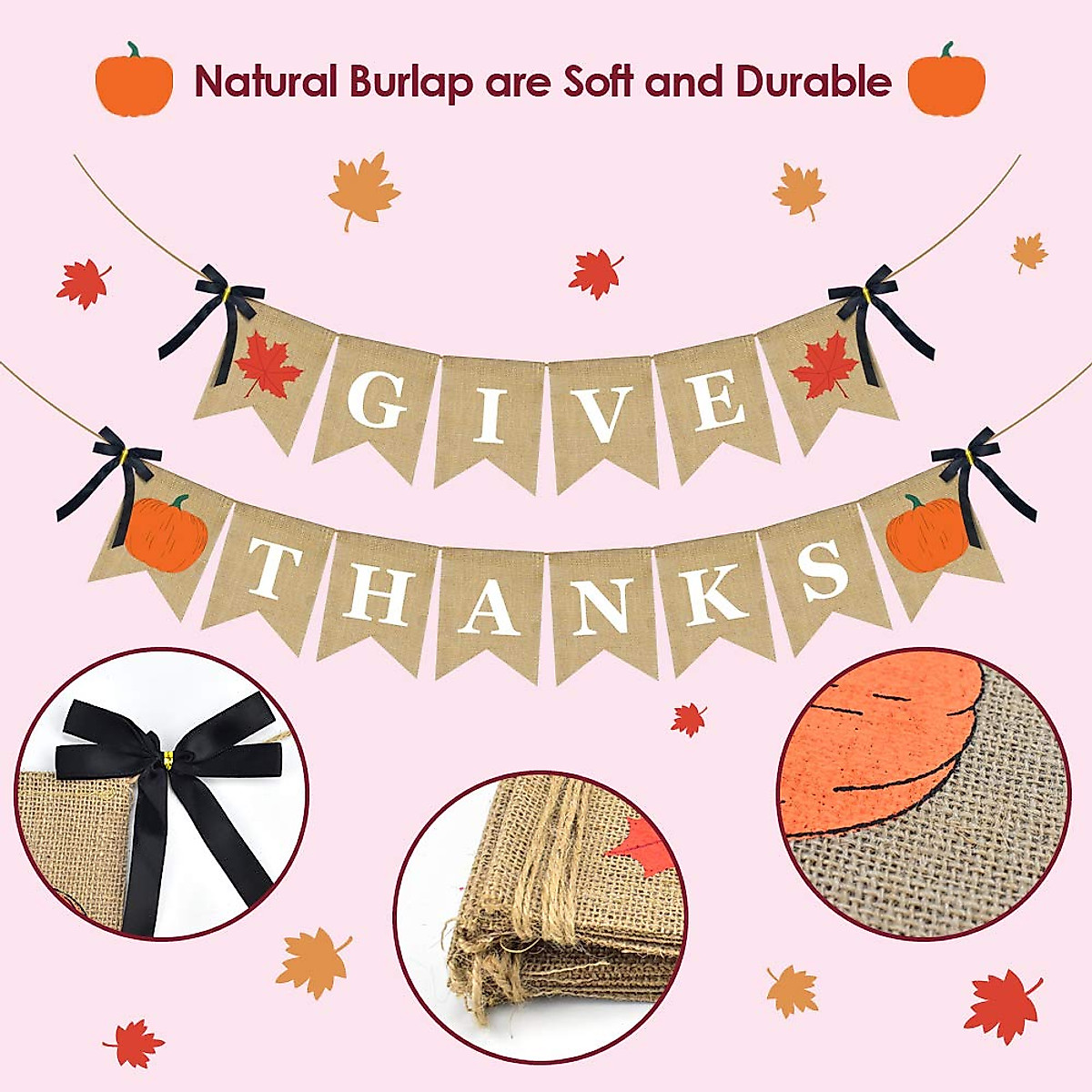 ERKOON Thanksgiving Banner, Give Thanks Burlap Banner Garland Bunting Banner for Harvest Time Thanksgiving Party Decoration