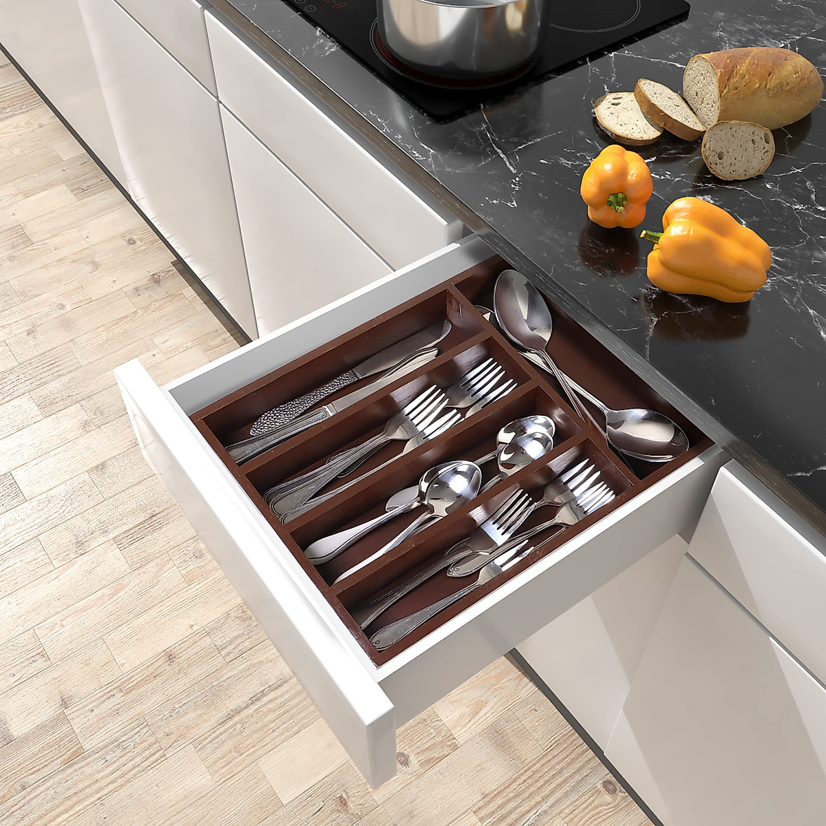 Utopia Kitchen Bamboo Silverware Organizer- 5 Compartments - Bamboo Drawer Organizer - Bamboo Hardware Organizer (5-Pack)