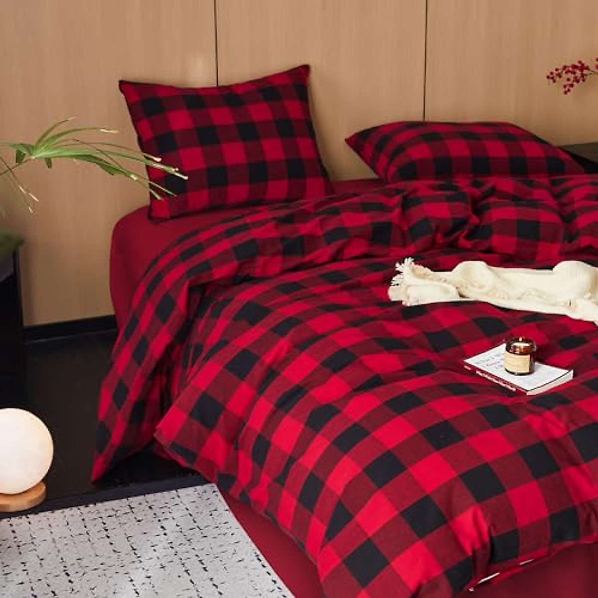 Wake In Cloud - Gingham Cotton Duvet Cover Set, Plaid Buffalo Check Checkered Farmhouse, 100% Washed Cotton Textured Percale Bedding Set, 3 Pieces, Red Black, California King Size