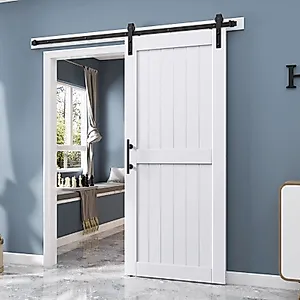 EaseLife 36in x 84in Sliding Barn Door with 6.6FT Barn Door Hardware Track Kit Included,Solid LVL Wood Slab Covered with Water-Proof & Scratch-Resistant PVC Surface,DIY Assembly,Easy Install,White