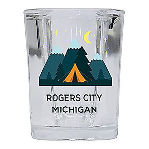 R and R Imports Rogers City Michigan 2 Ounce Square Base Liquor Shot Glass Tent Design