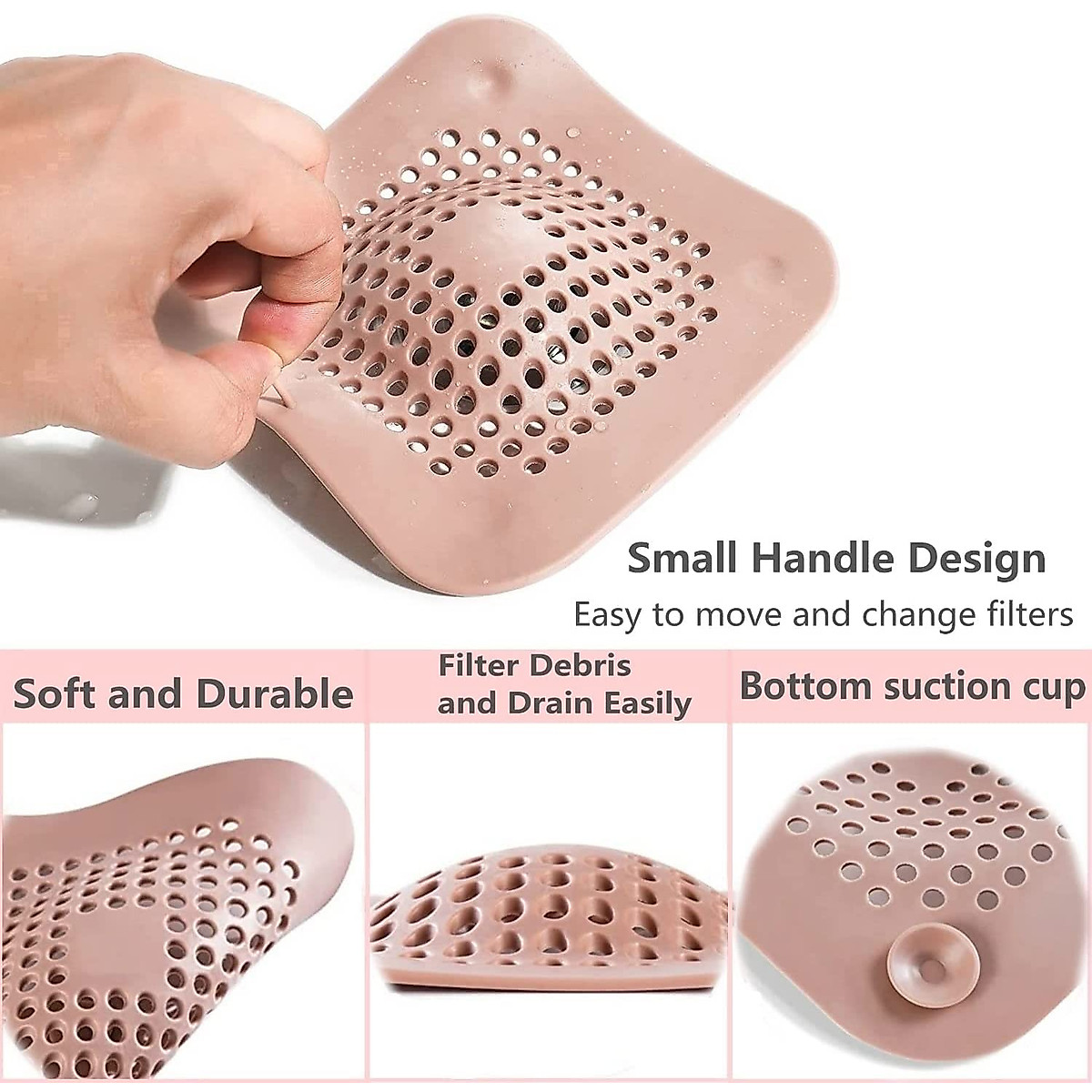 Hair Drain Catcher 4PCS, Raised Square Drain Cover with Suction Cup, Silicone Hair Catcher Hair Stopper Drain Cover for Bathroom Bathtub Kitchen