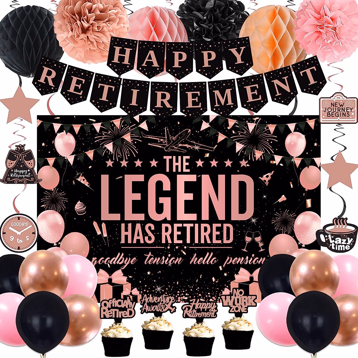 Retirement Party Decorations Women, Rose Gold Black Happy Retirement Decorations Female, Happy Retirement Banner, Retired Backdrop, Balloons, Pompom, Hanging Swirl, Retirement Card, Cake Topper 54pcs