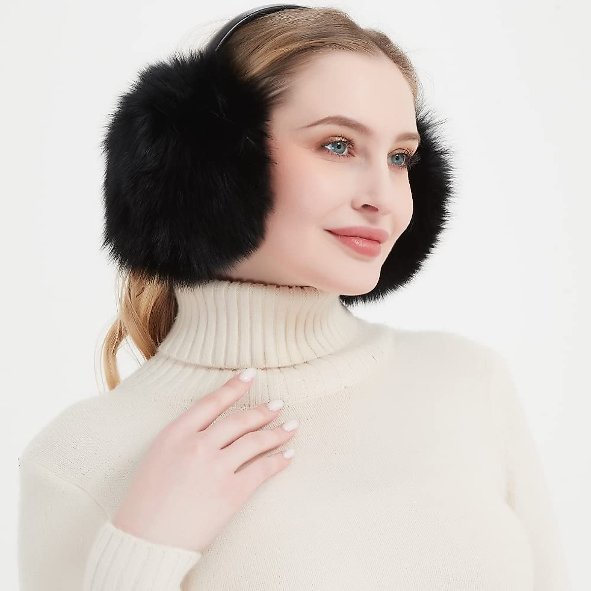 Bibury Real Fox Fur Earmuffs with Leather Band, Winter Ear Muffs, Cold Weather Head Warmer (Black)