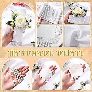 Threlaco 5 Pcs Baptism Candle Set Included Catholic Candle Devotional Candles with Flower, Baptism Towel, Rosary, Bible for Christenings Baptismal Party Favors(White)