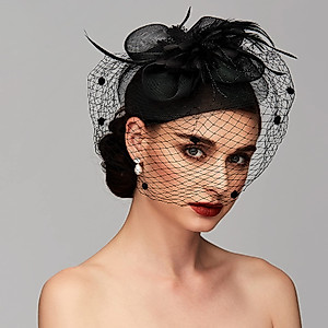 TS Fascinators Hat Tea Party Hat Mesh Floral Feather Hair Clip Girls and Women Fascinator Headband with Veil for Wedding Cocktail Black