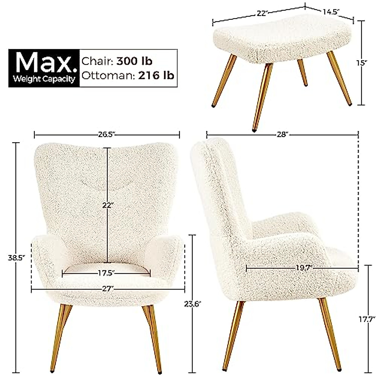 Yaheetech Accent Chair and Ottoman Set, Sherpa Armchair with Golden Metal Legs and High Back, Footstool for Living Room, Lounge, Ivory