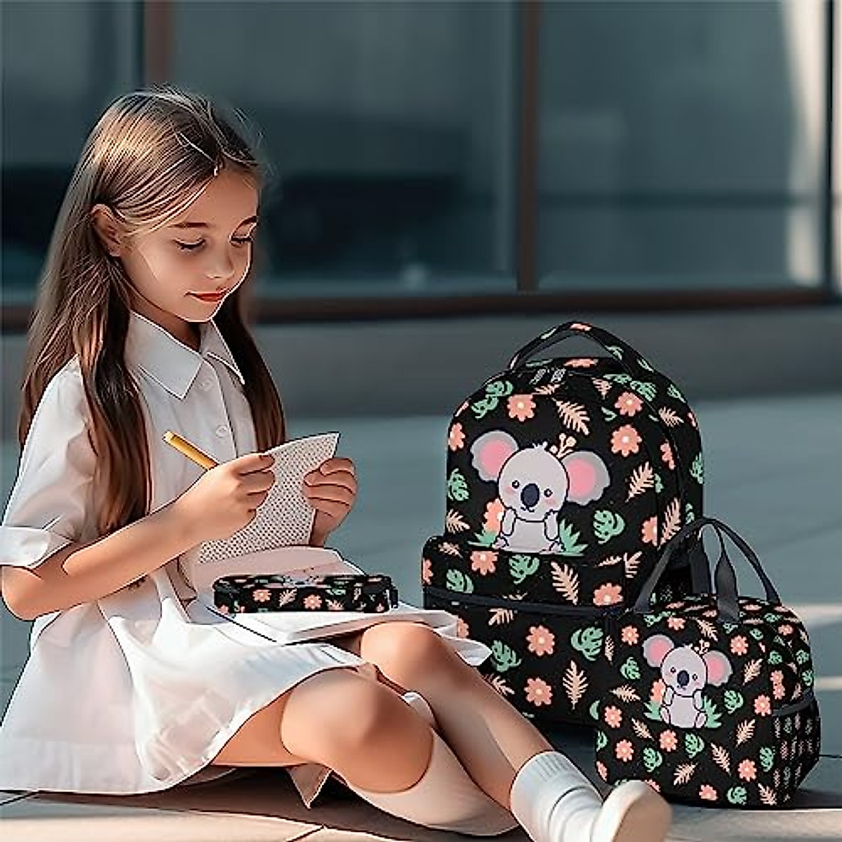 AIOMXZZ Koala Backpack with Lunch Box And Pencil Case, 16 Inch Cute Koala Bookbag Durable, Lightweight, Large Capacity, Funny Animal Backpack for School Girls Kids Women