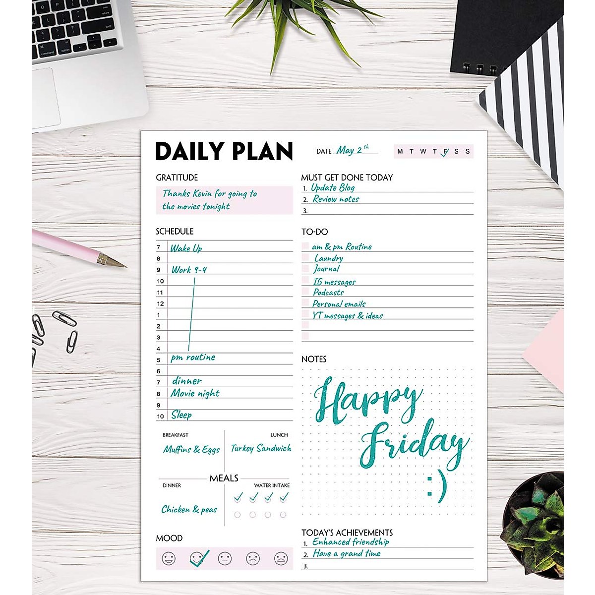Daily Planner Notepad - Tear-Off Daily Planning Pad, Organizer with To Do Lists, Schedule, Appointment, Productivity Tracker, 50 Undated Sheets, 8.5 x 11 in