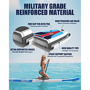 HIGHPI Inflatable Paddle Boards, 11'x33''x6'' SUP for Adults&Youth, Stand Up Paddle Boards with Accessories, Anti-Slip Deck, Stable Durable Lightweight, Suitable for Yoga Fishing Traveling