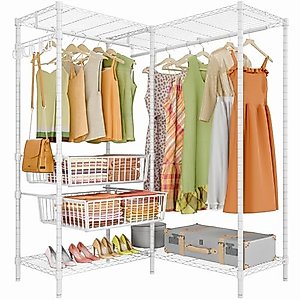 VIPEK L9 L Shape Garment Rack Heavy Duty Clothing Rack with 4 Adjustable Shelves & Slid Baskets, Freestanding Clothes Rack Metal Wardrobe Closet Rack, 44.6"L x 39"W x 73.4"H, Max Load 700LBS, White