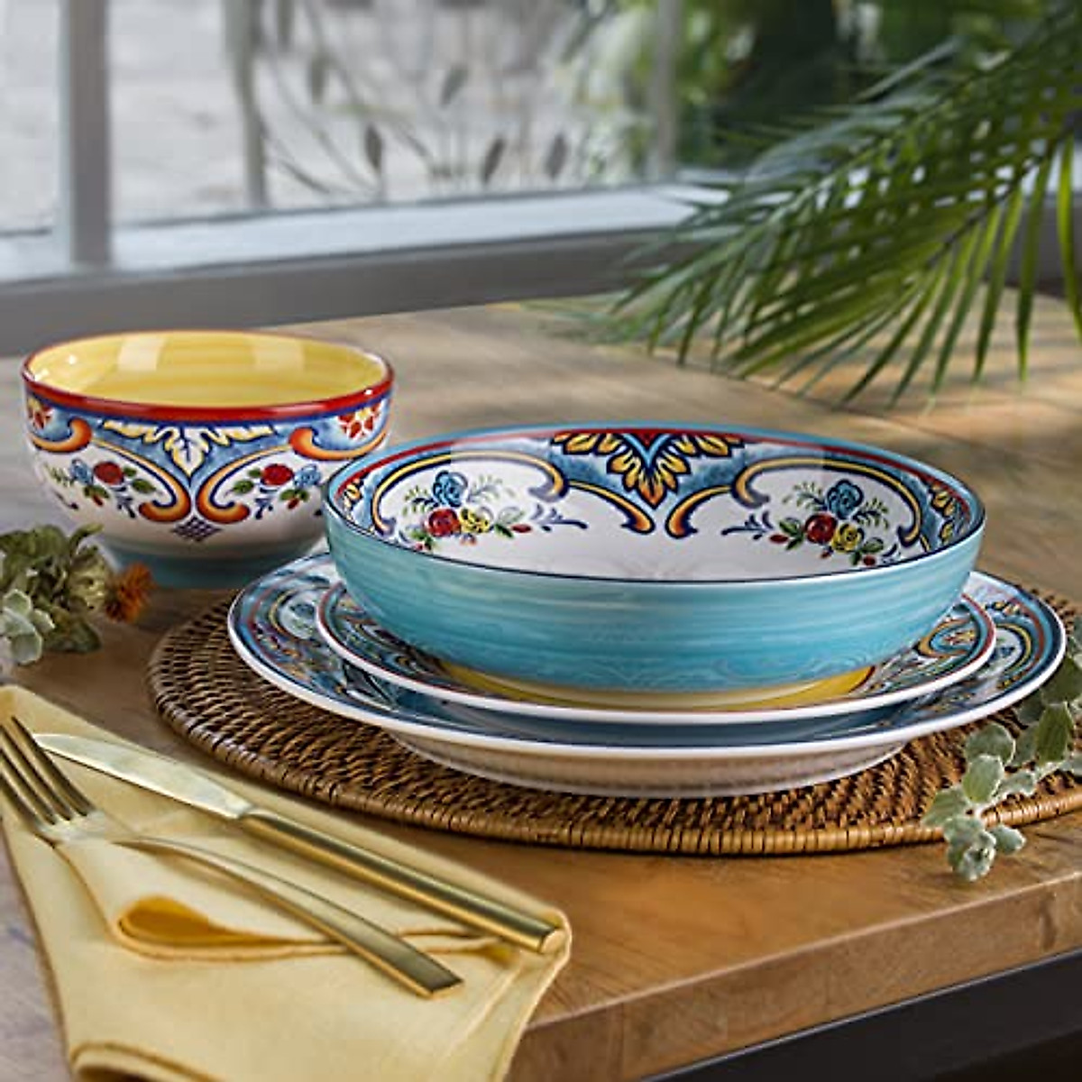Euro Ceramica Zanzibar Double Bowl 16-Piece Dinnerware Set | Fine Kitchenware | Floral Multicolor Design Stoneware Tableware Service For 4