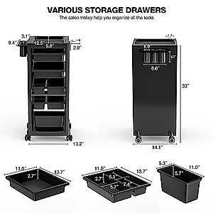 Paddie Salon Rolling Cart for Hair Stylist, 4 Organized Drawers, 2 Storage Baskets, Hairdryer & Tools Holder, Flexible Combination
