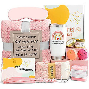 Get Well Soon Gifts, 12 Pcs Care Package Get Well Gift Basket for Sick Friends After Surgery, Feel Better Self Care/ Sympathy Gifts Thinking of you Box for Women Mom Her w/Pink Blanket