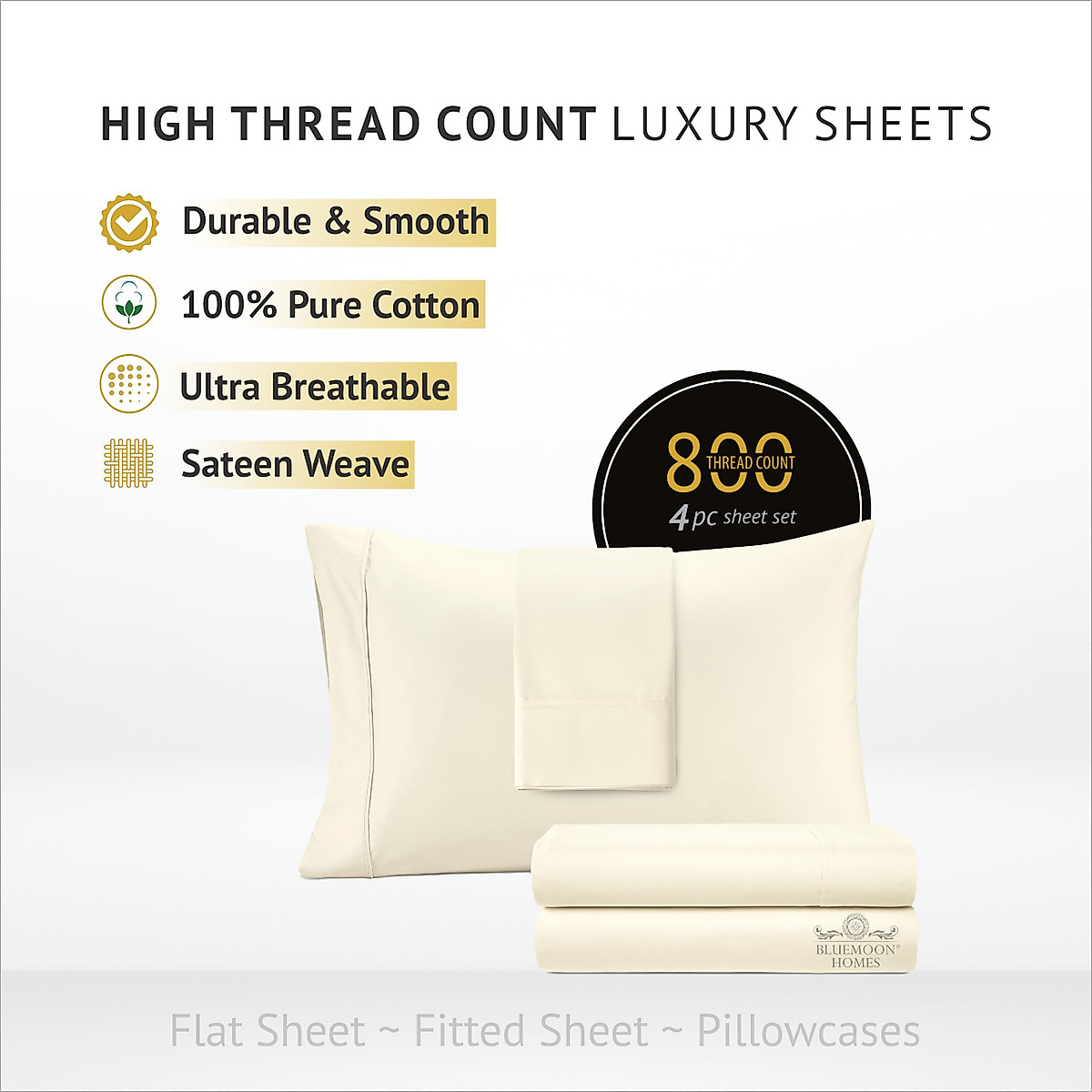 100% Cotton Sheets King Size Sheet Sets Egyptian Cotton Sheets 800 Thread Count - Extra Long-Staple Sheets, Fits Mattress Upto 16'' Deep Pocket, Sateen Weave, Soft Cotton Bed Sheet (Ivory)