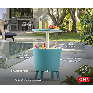 Keter Modern Cool Bar Outdoor Patio Furniture and Hot Tub Side Table with 7.5 Gallon Beer and Wine Cooler, Teal