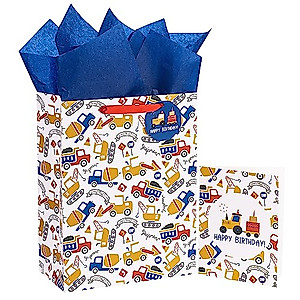 WRAPAHOLIC 13" Large Birthday Gift Bags with Card and Tissue Paper - Car Design for Kids Birthday, Gift Wrap