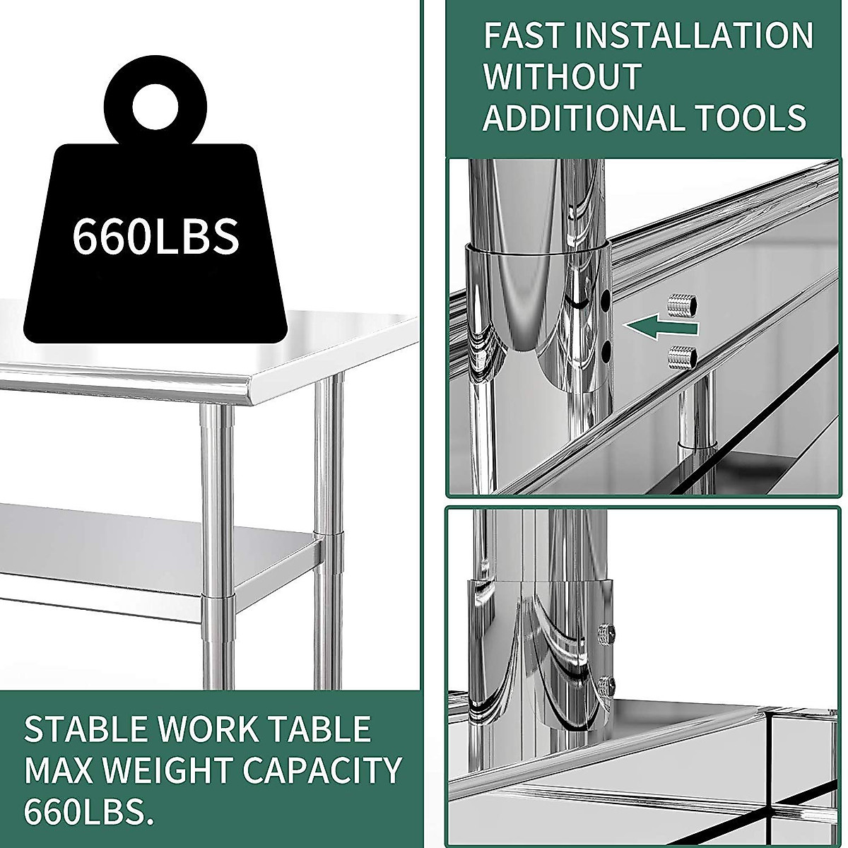 Nurxiovo Work Table Kitchen Prep Workbench Stainless 24 x 48 Commercial Prep Table for Shop Home Industrial Restaurant Food Preparation