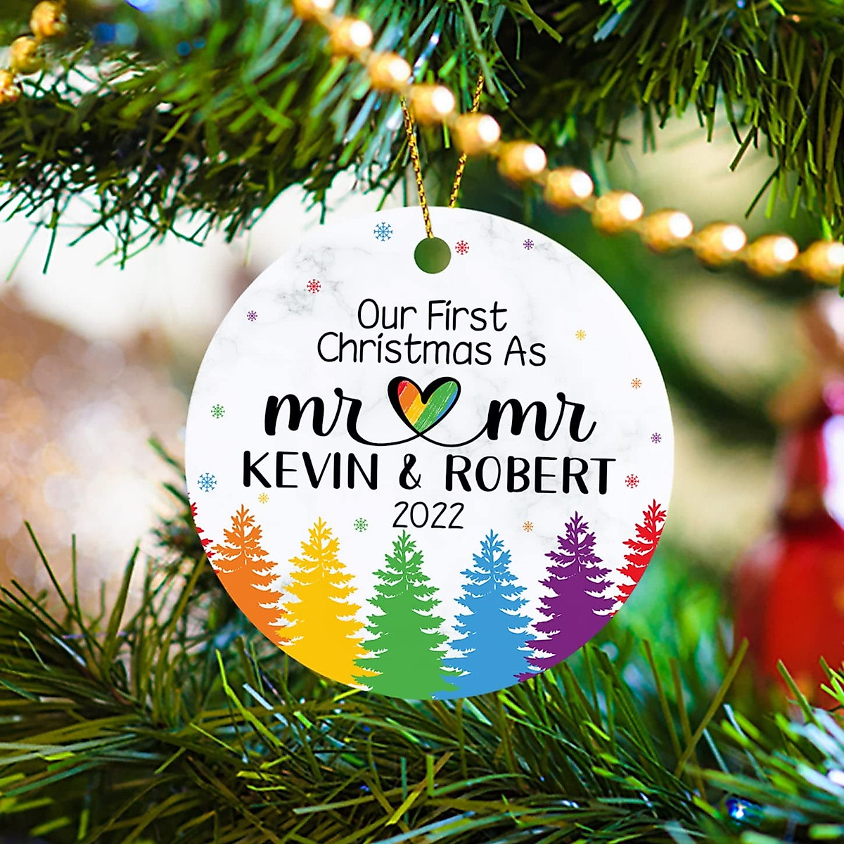 Personalized Gay Pride LGBT Christmas Tree Rainbow Ornament, Our First Christmas As Mr & Mr Ornament Gift for Couple Gay LGBT Newlywed Wedding, Custom Names Couple Gay 1st Xmas As Mr & Mr Ornament