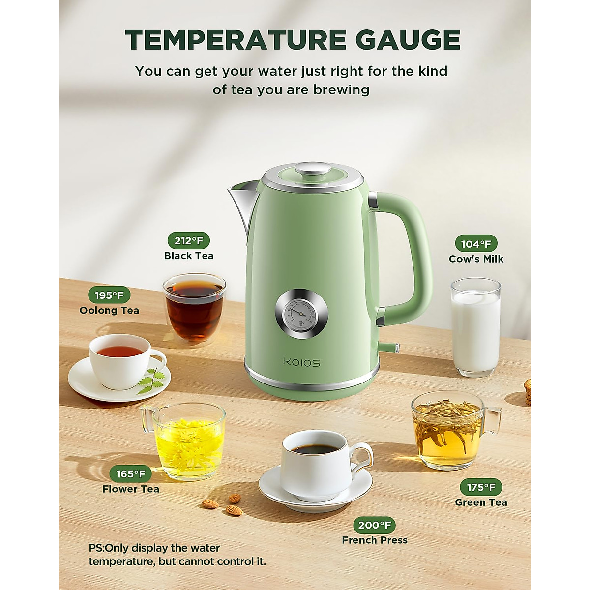 Electric Kettle, 1.8 L Hot Water Boiler Heater with Thermometer, 1500W Retro Electric Tea and Water Kettle with LED Indicator, 100% Stainless Steel, Auto Shut-Off & Boil-Dry Protection, Retro Green