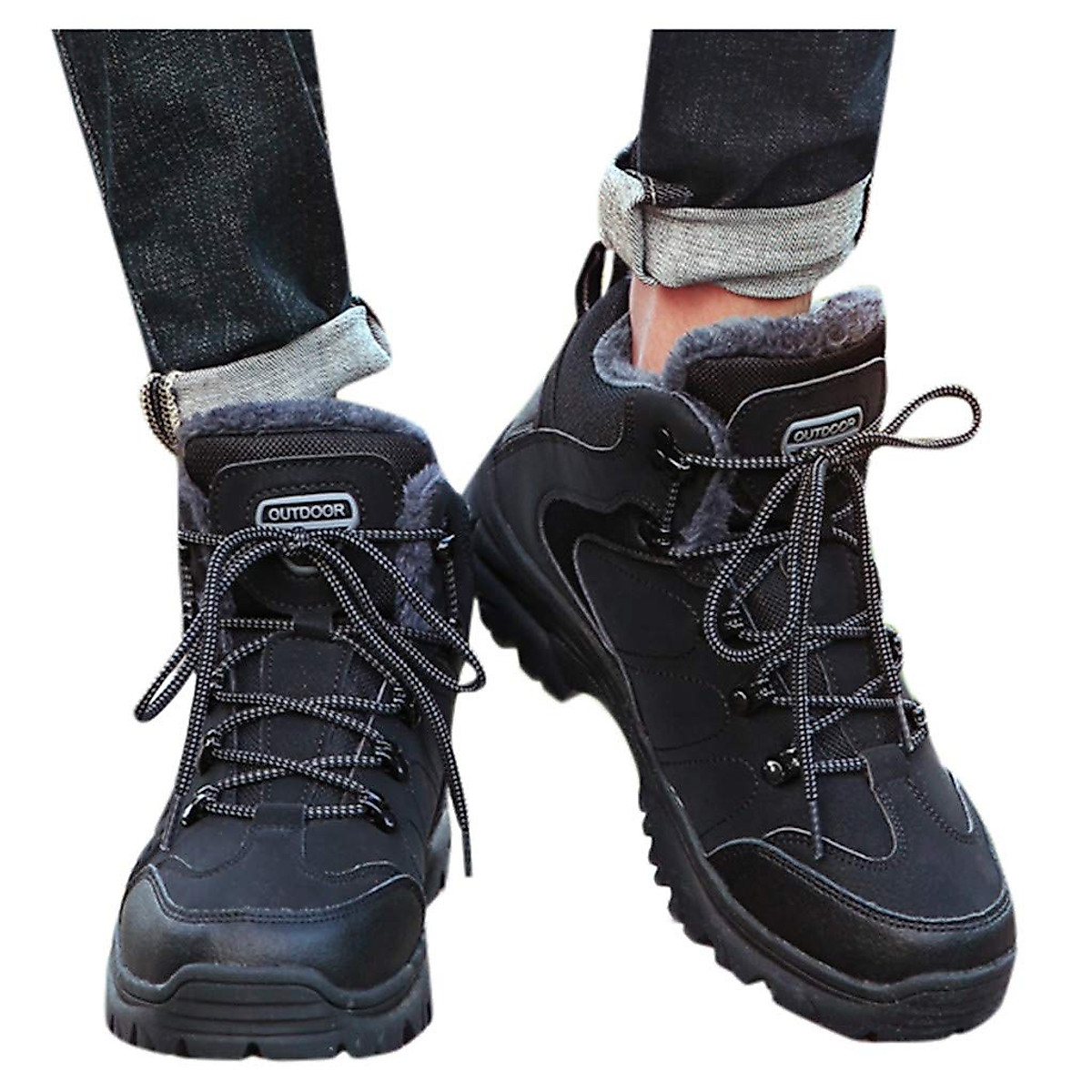 Fheaven Men's Snow Boots Lace Up Combat Booties Water Resistant Anti-Slip Sole Warm Fur Lined Winter Ankle Booties