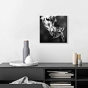 Giraffe Canvas Wall Art Painting: Animal Mama and Baby Kiss Artwork Prints for Decor (12”x12”)