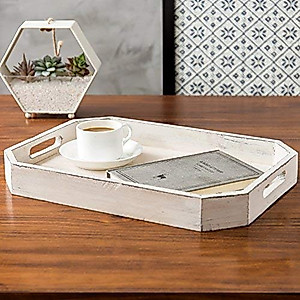MyGift Whitewashed Wood Serving Tray with Handles and Angles Edges, Farmhouse Coffee Table Decorative Tray