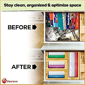 Mainstream Source® Bamboo Zip Bag Organizer Set – Baggie Organizer Set for Snacks and Sandwiches, Holds Quart & Gallon Ziplock Bags, Includes Bamboo Trivet