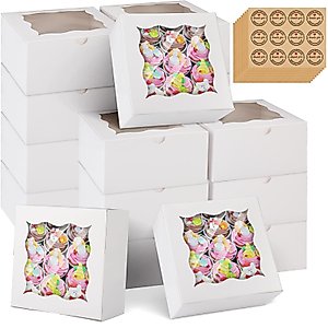 100 Packs Bakery Boxes with Window 6 x 6 x 3 Inch Small Cookie Boxes Mini Macaron Boxes for Packaging Dessert Boxes Pastry Boxes Treat Boxes with Window Cake Box Pie Boxes with 100 Stickers(White)