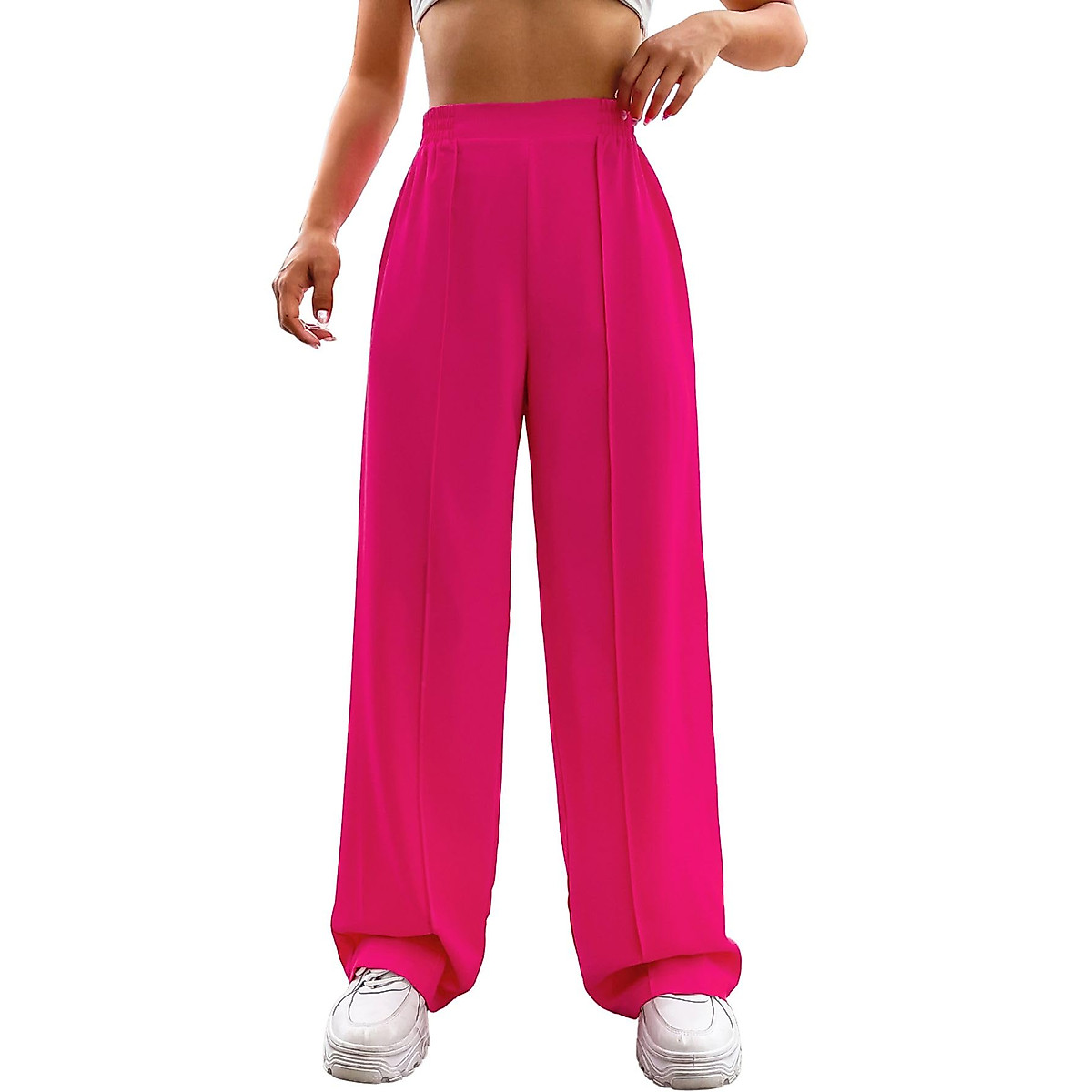 Verdusa Women's Elastic High Waist Solid Straight Leg Pants Casual Long Trousers Hot Pink M