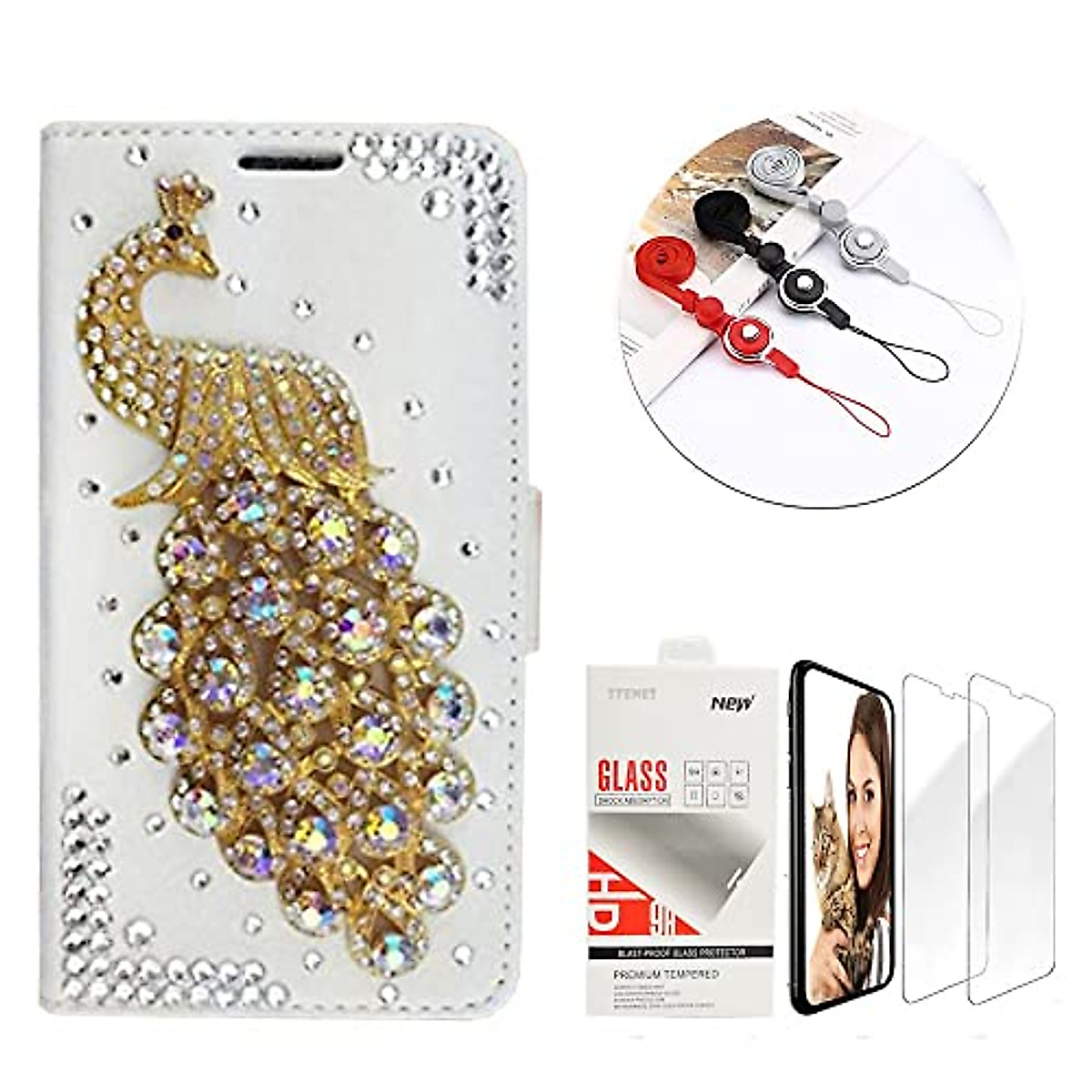 STENES Bling Wallet Phone Case Compatible with Samsung Galaxy Z Fold 2 5G - Stylish - 3D Handmade Peacock Design Leather Cover with Neck Strap Lanyard & Screen Protector - Bling