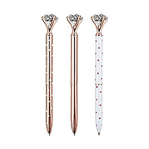 ZZTX 3PCS Big Crystal Diamond Ballpoint Pen Bling Metal Ballpoint Pen Office Supplies, Rose Gold/White With Rose Polka Dots/Rose Gold With White Polka Dots, Includes 3 Pen Refills