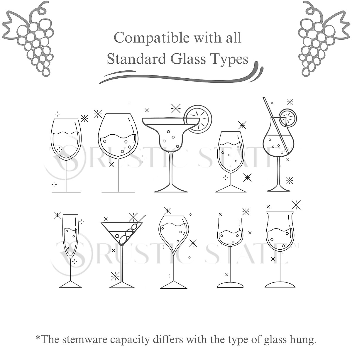 Rustic State Mucur Rake Design Wall Mounted Stemware Rack Hanging Shelf Glassware Holder Bar Organizer with 6 Wine Glass Storage 17.5 Inch Long Light Walnut