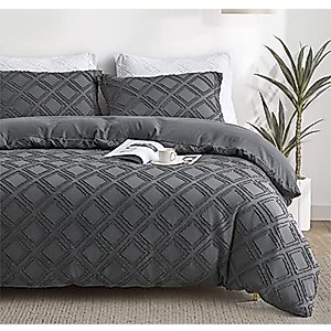 Maple&Stone Queen Duvet Cover Set, 3 Pieces Textured Tufted Boho Bedding Sets Zipper Closure Design with Ties, 1 Duvet Cover + 2 Pillow Shams, Comforter NOT Included (Dark Grey, Queen Size)