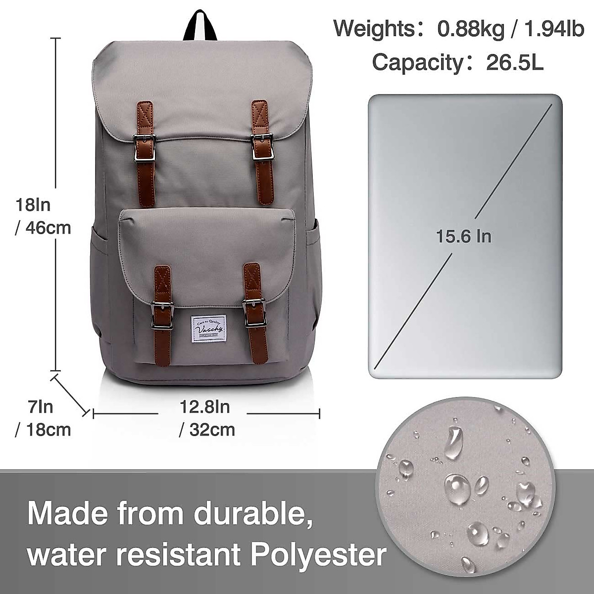 VASCHY Laptop Backpack for Men, Water Resistant Bookbag College Rucksack Daypack for 15.6in Laptop Gray