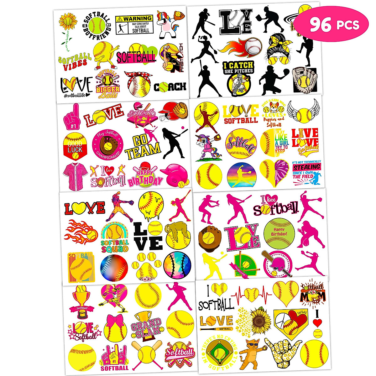 8 Sheets (96PCS) Softball Temporary Tattoos Sports Themed Birthday Party Decorations Favors Supplies Decor Stickers For Girls Boys Kids Gifts Classroom School Prizes Rewards