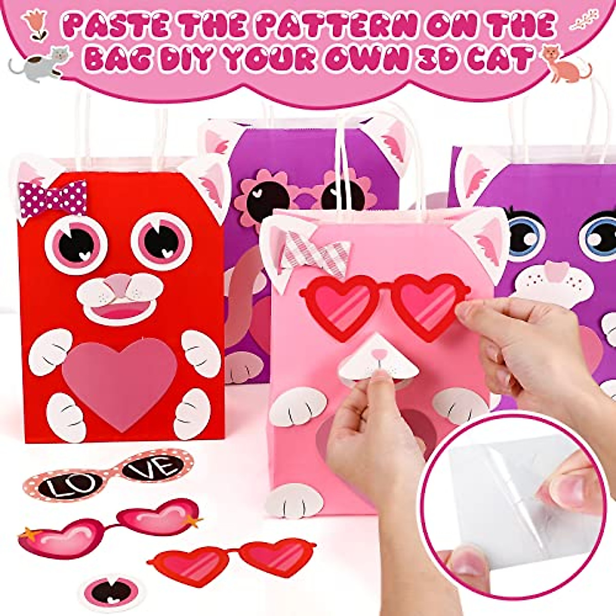 12 Pcs Valentine Treat Bags for Kids, Cat DIY Valentine Candy Treat Bags Kraft Paper Gift Bags Valentine Goodie Bags with 18 Accessories for Snack Party Favor and Students Classroom Gift Exchange