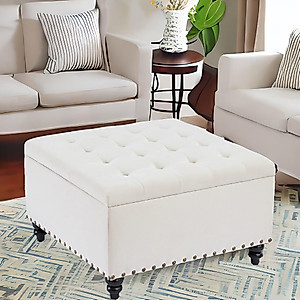 HUIMO Square Storage Ottoman,Ottoman Coffee Table with Storage,Oversized Ottoman,Tufted Storage Ottoman for Living Room (Beige)